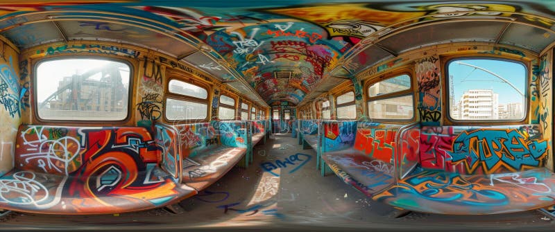Inside of a Abandoned Train Car with Bright Colored Graffiti Stock ...