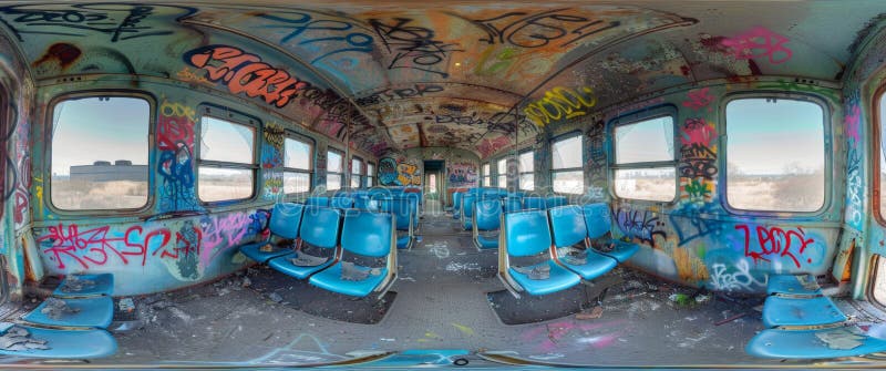 Inside of a Abandoned Train Car with Bright Colored Graffiti Stock ...
