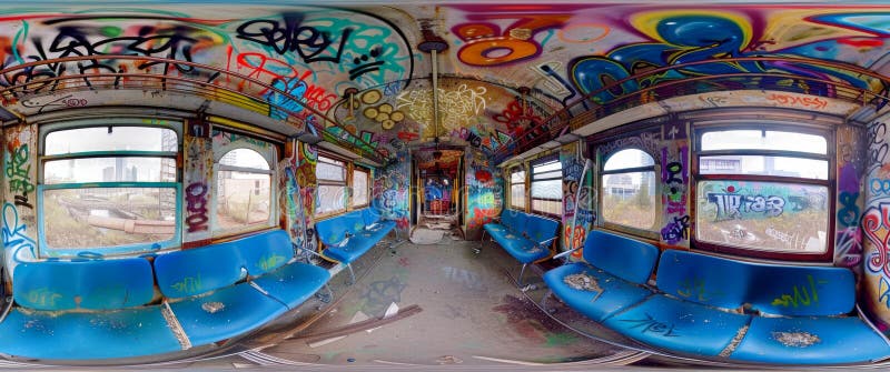 Inside of a Abandoned Train Car with Bright Colored Graffiti Stock ...