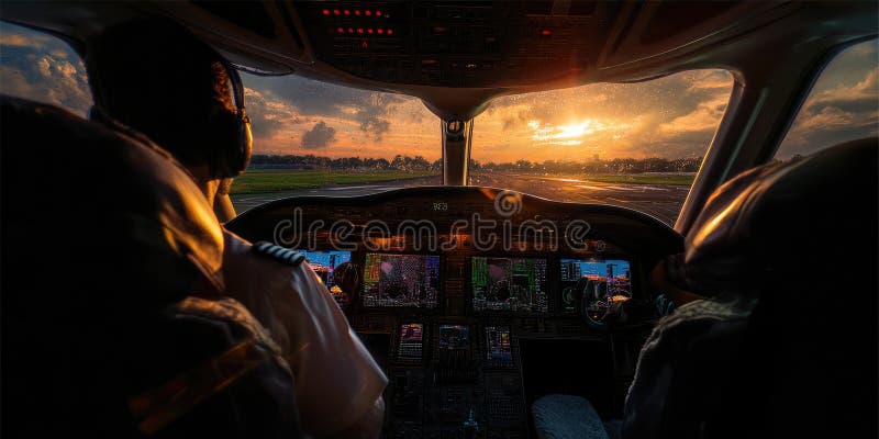 Pilots in Cockpit at Sunset Preparing for Takeoff Stock Illustration ...