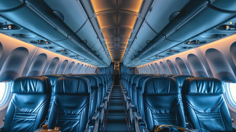 Inside of an Airplane with Blue Leather Seats Stock Image - Image of ...