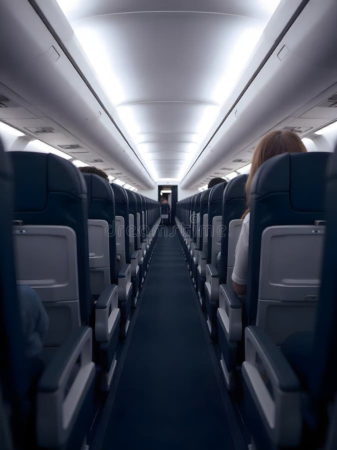 Inside an Airplane Cabin, Capturing the Rows of Seats Down the Aisle ...