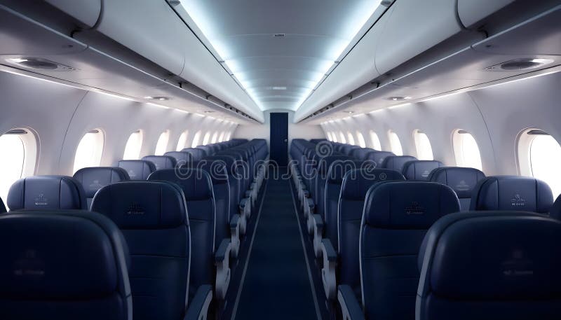 Inside the Airplane Cabin, Offering Rows of Blue Seats Awaiting ...