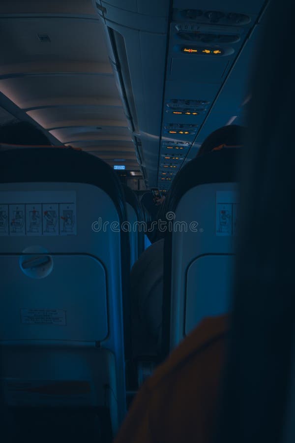 Inside the Airplane during the Flight, Looking Down the Aisle between ...
