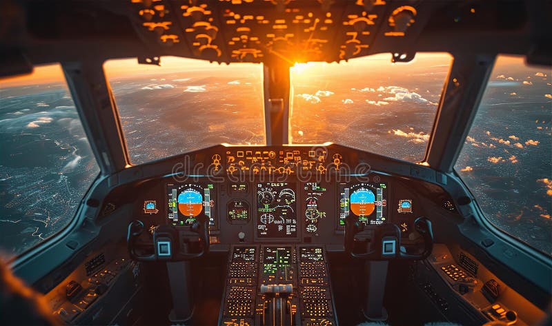 Inside of Airplane Pilot Cabin and Sunset View during the Landing Stock ...