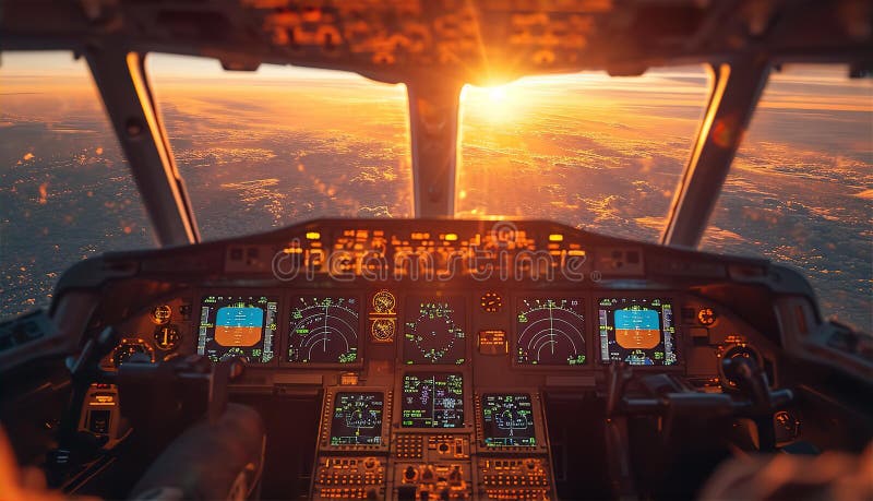 Inside of Airplane Pilot Cabin and Sunset View during the Landing Stock ...