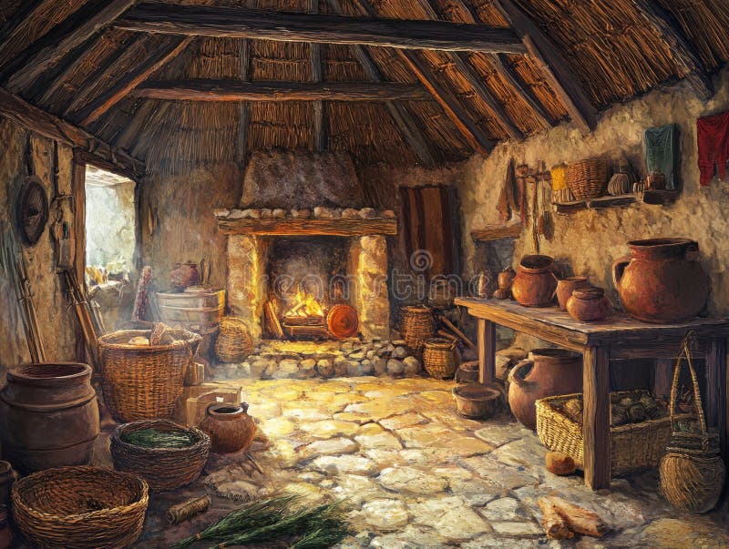 Inside Ancient Celtic Hut Illuminated by Hearth Firelight and Shadows ...
