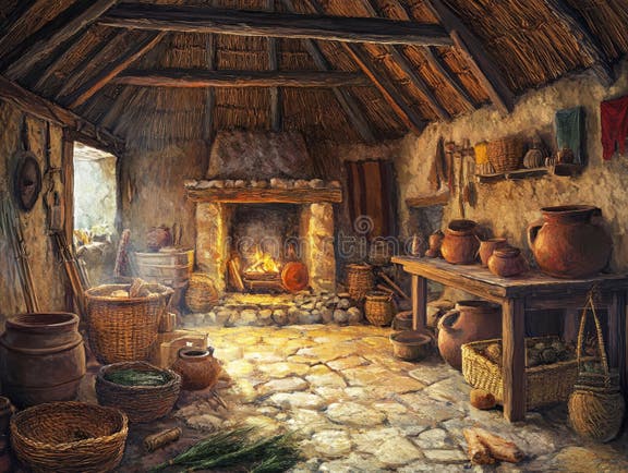 Inside Ancient Celtic Hut Illuminated by Hearth Firelight and Shadows ...