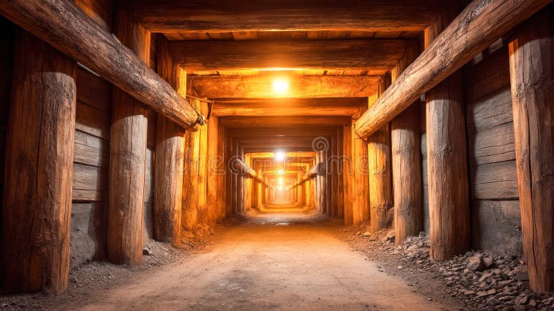 Inside an Ancient Mine Tunnel, Wooden Beams Create a Path that Leads ...