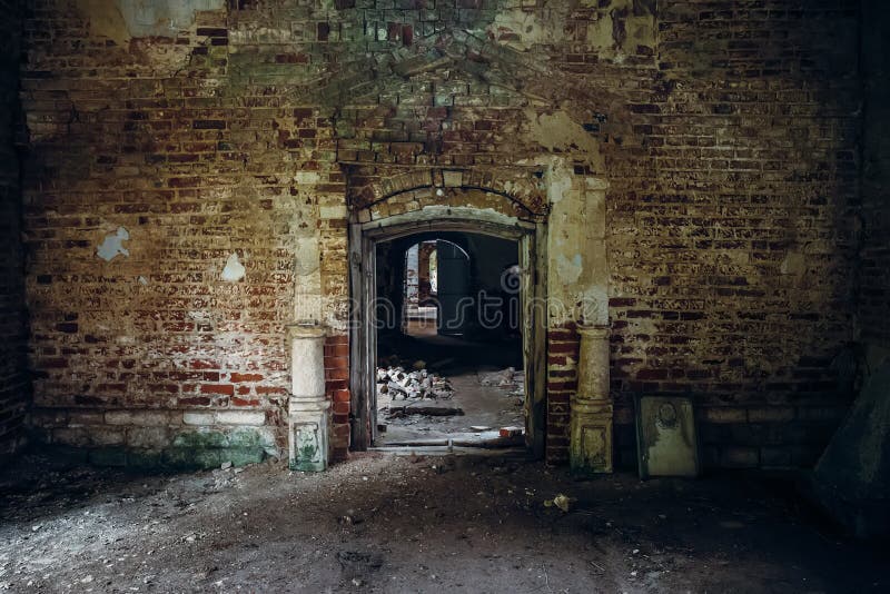 Inside Ancient Ruined Medieval Brick Temple Interior with Arches and ...