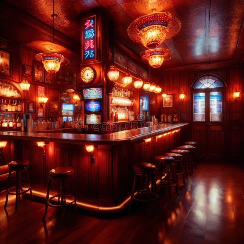 Inside Bar Interior, Bright Long Exposure, Glowing Lights Stock ...