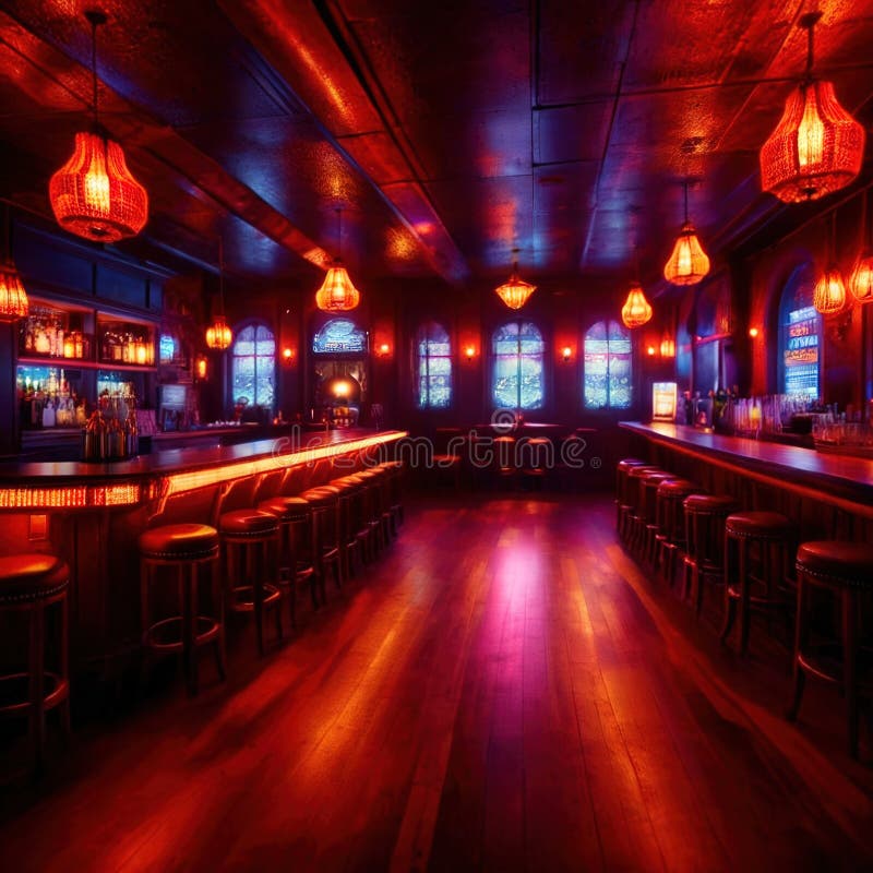 Inside Bar Interior, Bright Long Exposure, Glowing Lights Stock ...