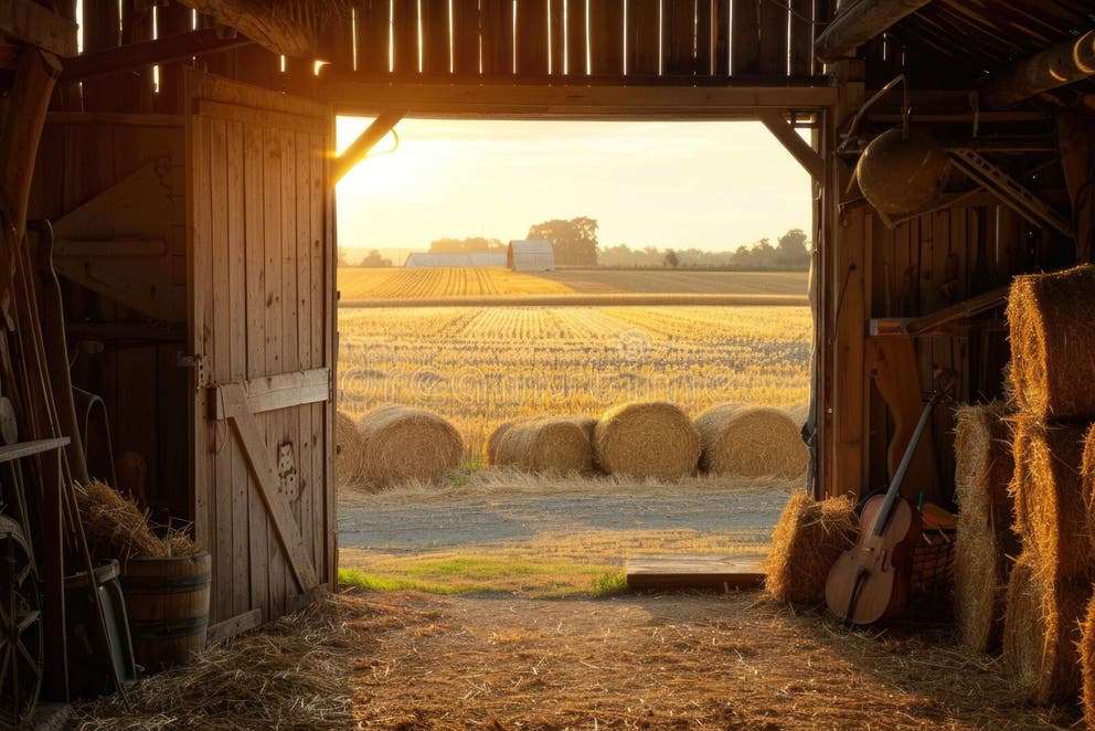 The Inside of a Barn with Door Open Looking into the Fields at Golden ...