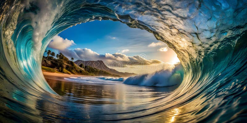 Inside the Barrel of a Massive Wave, Looking Toward the Beach Stock ...