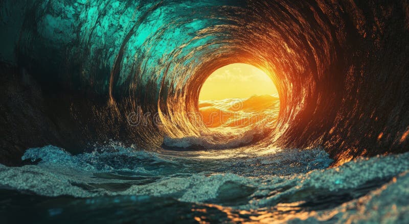 Inside the Barrel, Ocean Waves Crash through Turquoise Water, Light ...