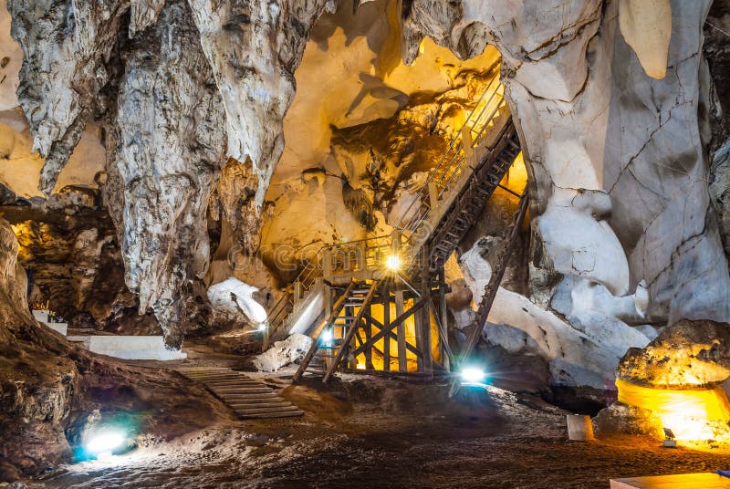 Inside Beautiful Cave with Stairway and Lighting Stock Photo - Image of ...
