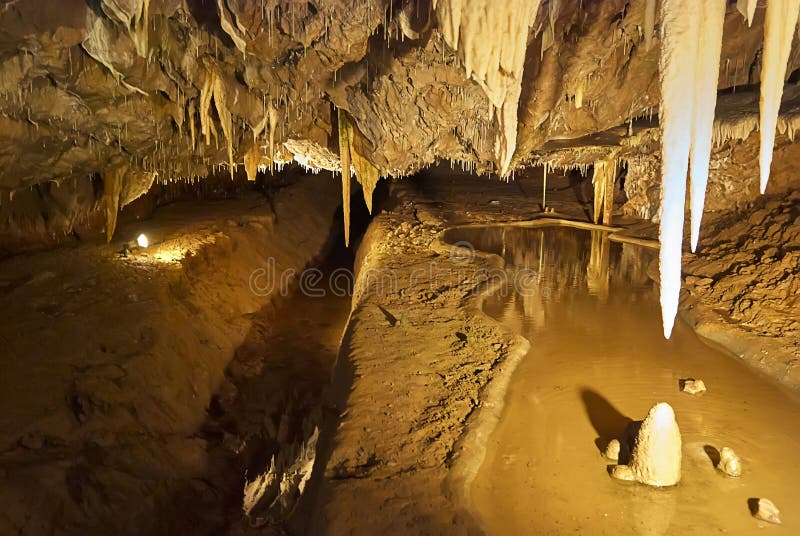 Inside a Big Limestone Cave with an Underground Lake Stock Image ...