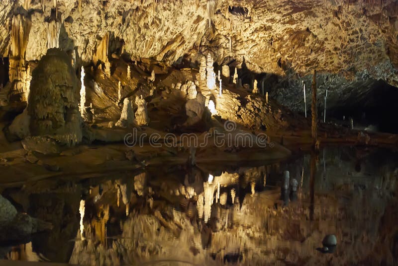 Inside a Big Limestone Cave with an Underground Lake Stock Photo ...