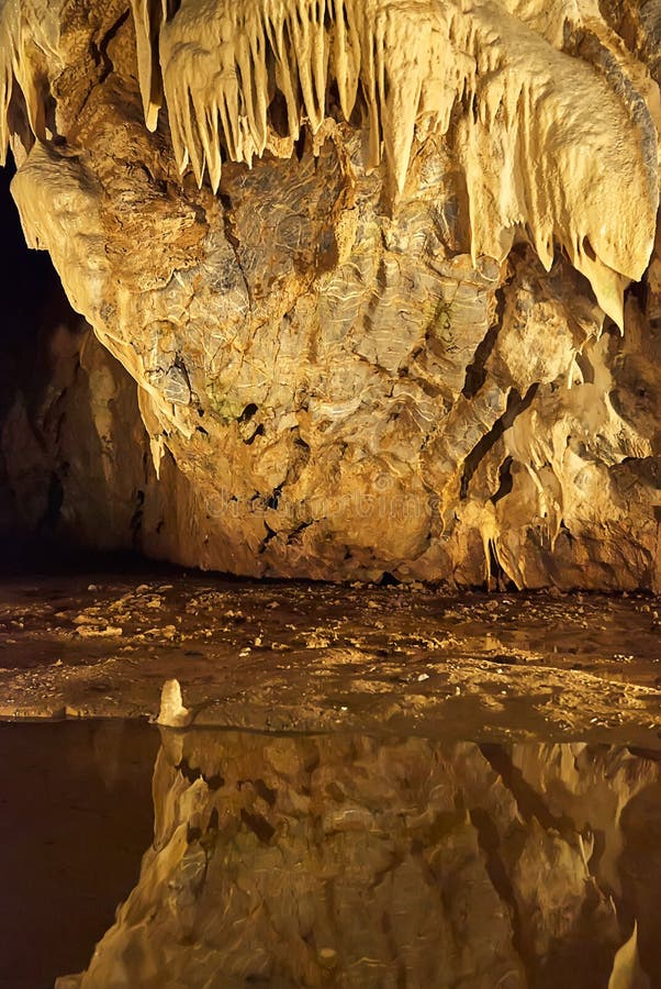 Inside a Big Limestone Cave with an Underground Lake Stock Image ...