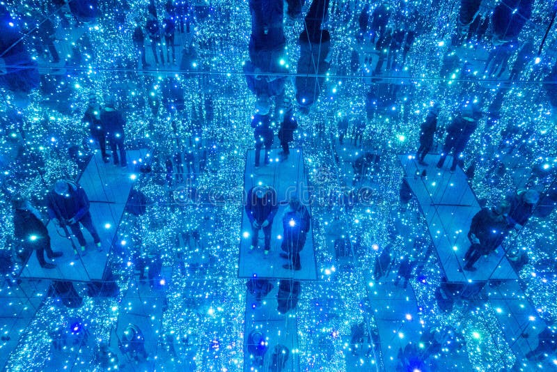 Inside Blue Lighted Mirror Cube Editorial Image - Image of lighted ...