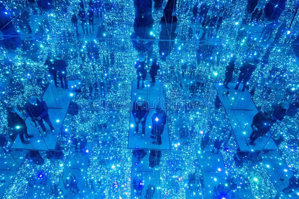 Inside Blue Lighted Mirror Cube Editorial Image - Image of lighted ...