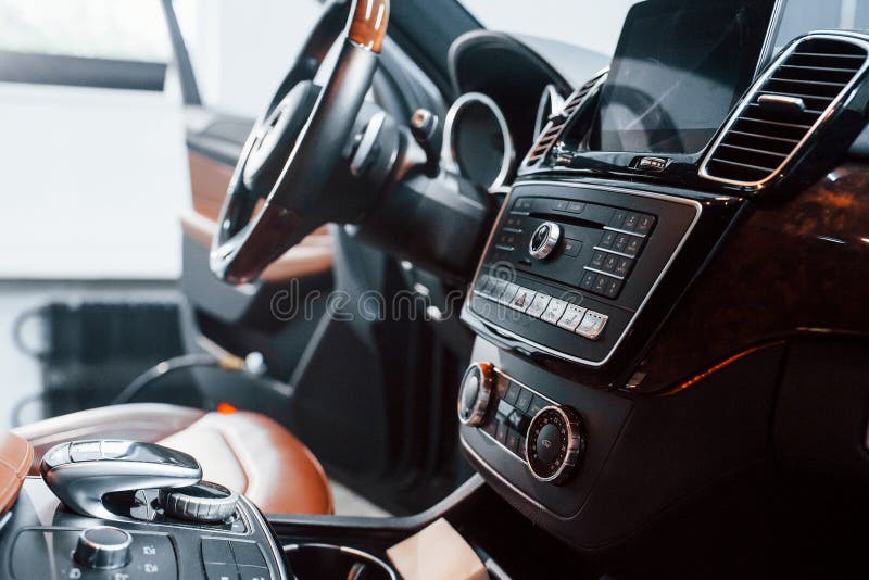 Inside of Brand New Modern Black Automobile. Front Control Panel Stock ...