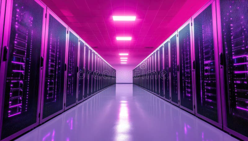Inside a Brightly Lit Data Center with Purple Lighting and Server Racks ...