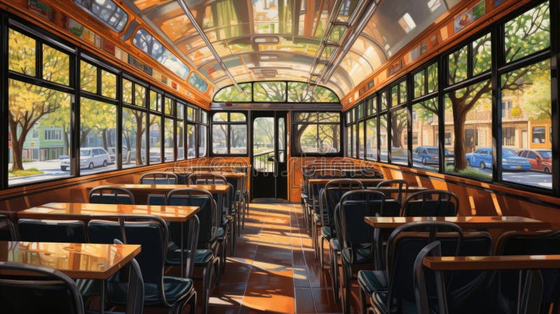 The Inside of a Bus with Tables and Chairs, AI Stock Image - Image of ...