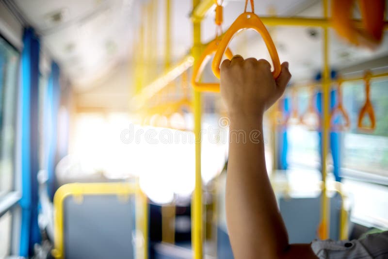 Inside the Bus Yellow Hand Grip for the Passenger To Hold Stock Photo ...