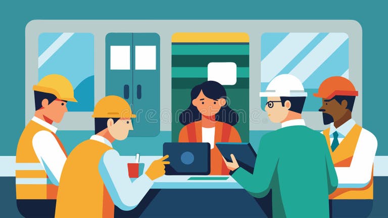 Inside a Bustling Construction Trailer a Group of Engineers Sit Around ...