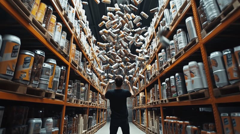 A Person Balancing Cans in a Busy Warehouse during Daytime Activities ...