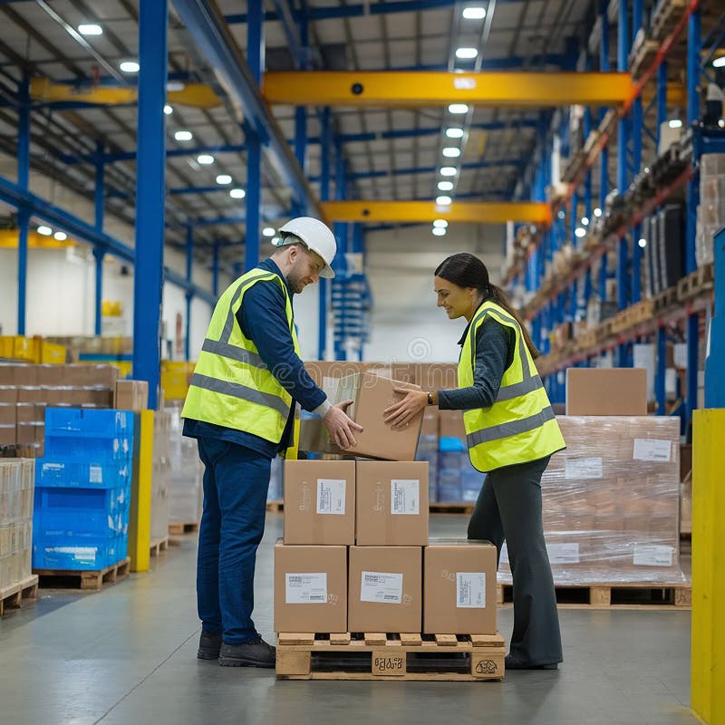 Warehouse Workers Cooperatively Stacking Cardboard Boxes on Pallet in a ...