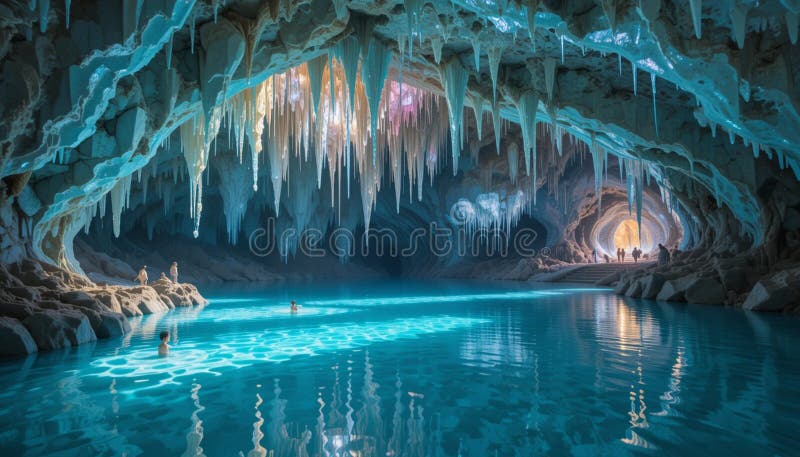 The Inside of a Cave with Blue Water and Ice Hanging from the Ceiling ...