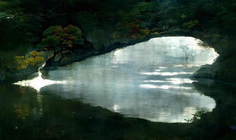 Inside Cave with Calm Water Stock Illustration - Illustration of ...