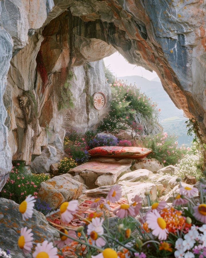 Inside the Cave, Flowers and Rocks Form a Stunning Natural Scenery ...