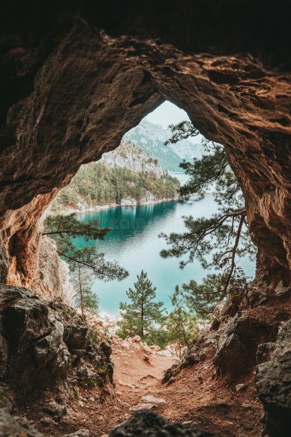 Inside cave with lake view stock image. Image of natural - 380575767