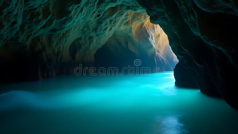 Cave with Bright Blue Water and Light Filtering through Rock Formations ...