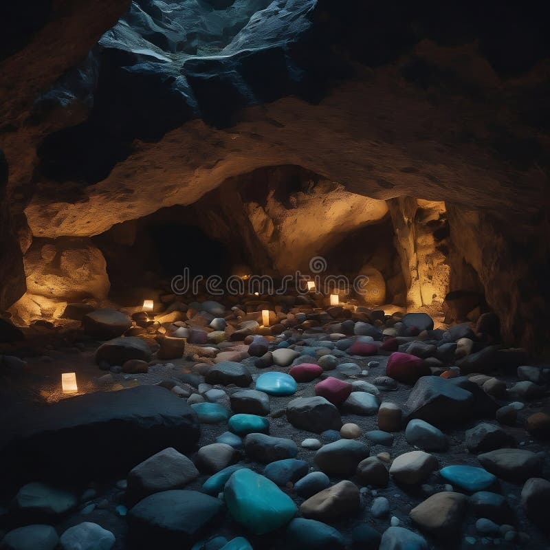 Inside the Cave, There are Glowing Lanterns Stock Illustration ...