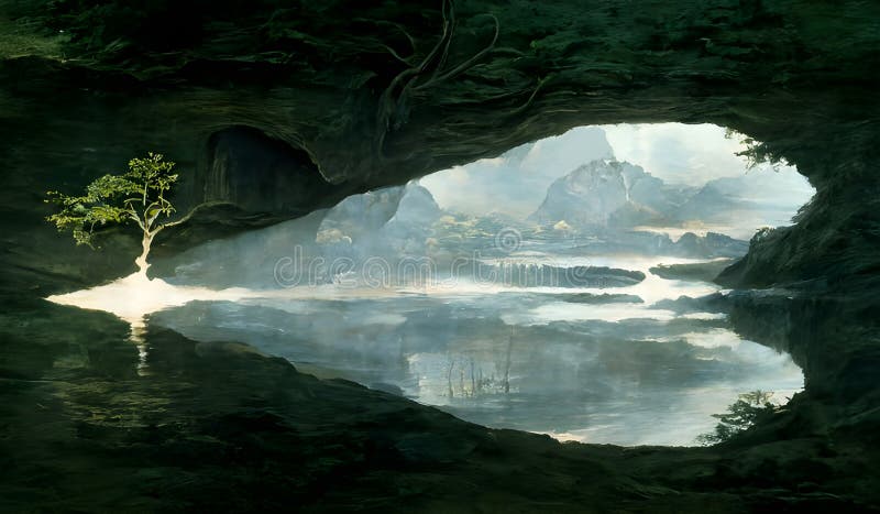 Inside Cave with Tree and Calm Water Stock Illustration - Illustration ...