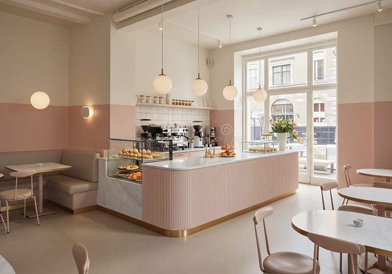 Inside a Charming Pink Cafe Featuring Display Counter and Seating Area ...