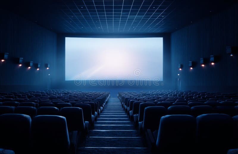 Inside a Cinema, a Blank White Screen and Empty Dark Blue Seats are Set ...