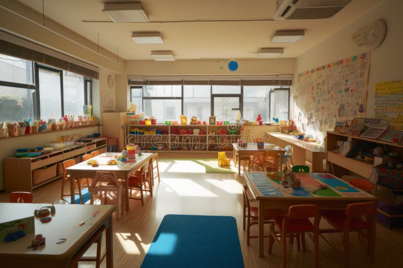 Inside a Classroom with Chairs, Benches and Toys on Tables Stock ...