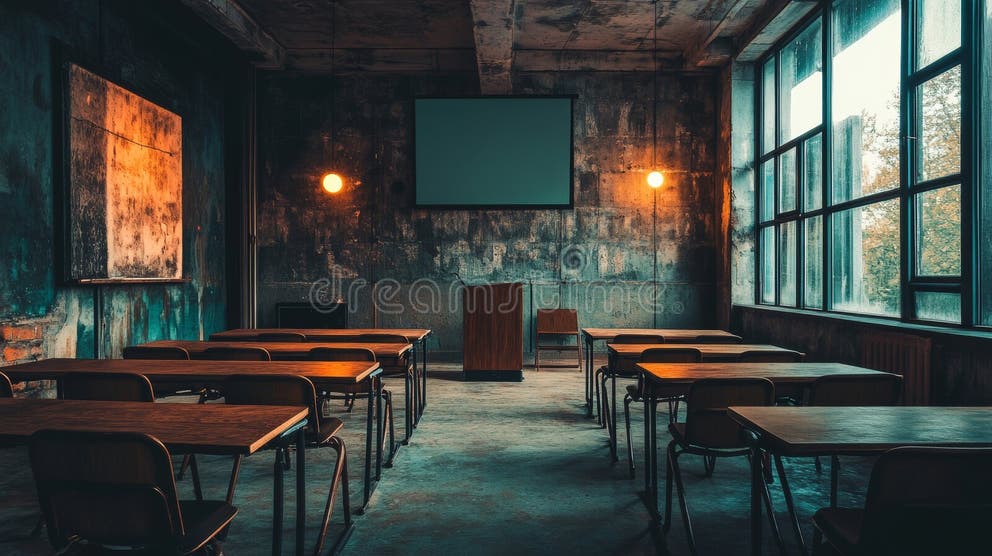 Inside the Classroom, Desks and Chairs are Aligned in Rows, Ready for a ...