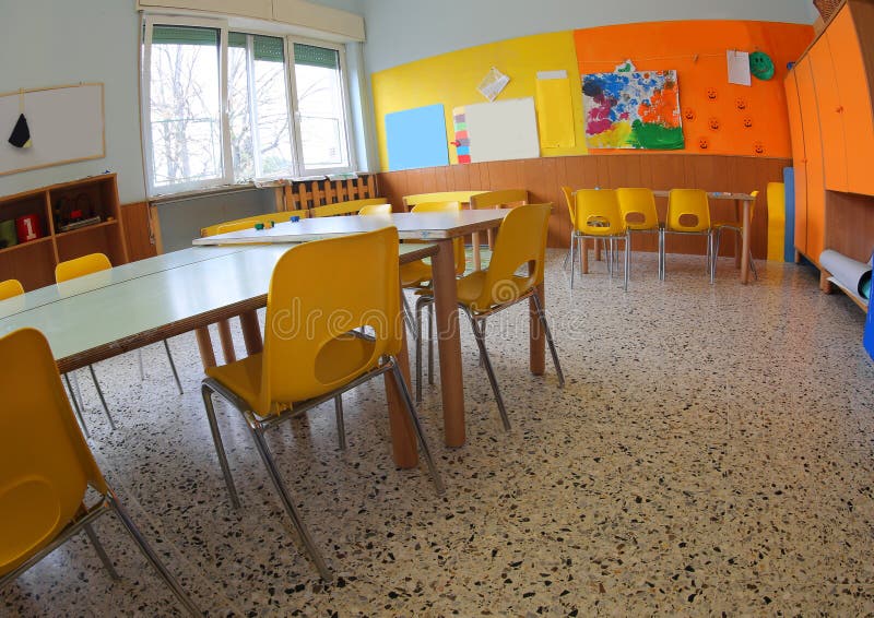 Inside a Classroom of Kindergarten with Small Yellow Chairs Stock Photo ...