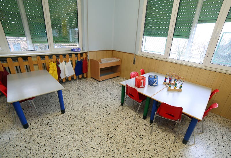 Inside of a Classroom with Red Chairs and Benches Stock Photo - Image ...