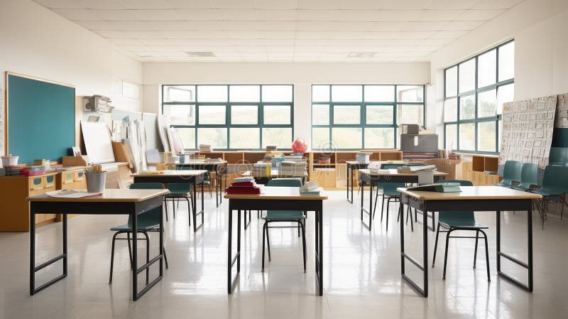 Inside a Classroom, Where Desks Stand in Orderly Rows, Awaiting ...