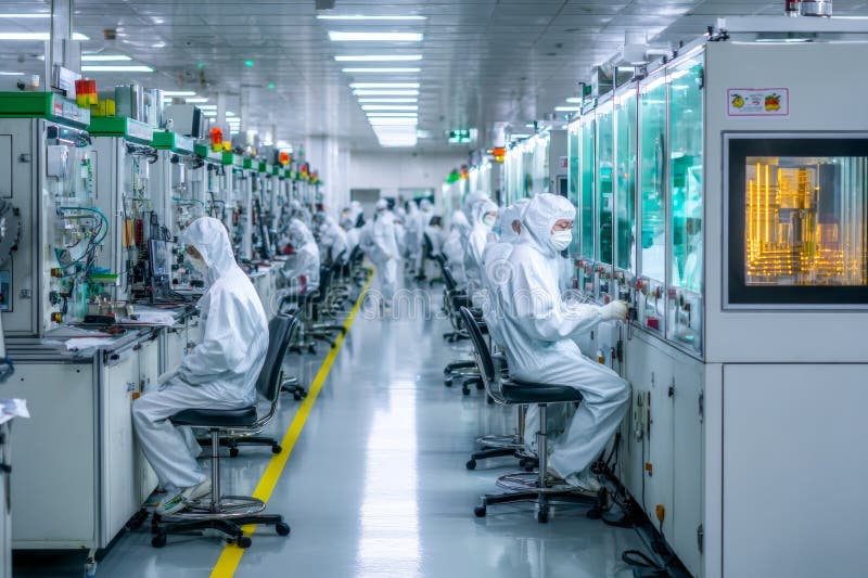 Inside a Cleanroom at a Microchip Manufacturing Facility, Workers ...