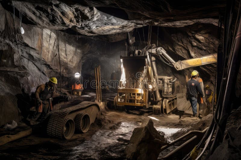 Inside a Coal Mine, with Miners Using and Drilling Equipment To Extract ...