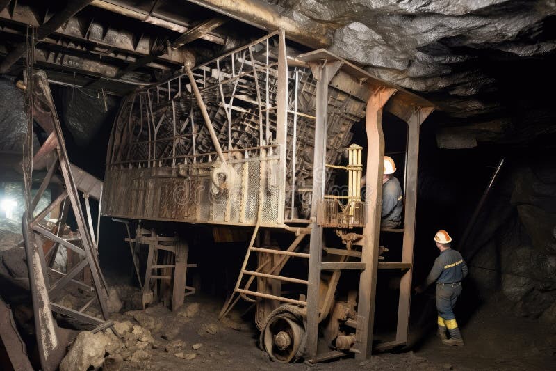 Inside a Coal Mine, with Miners Using and Drilling Equipment To Extract ...