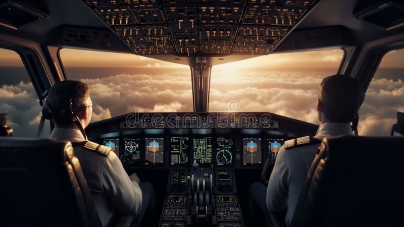 Inside Cockpit of Airplane, Pilots in Flight Deck of Modern Plane, View ...